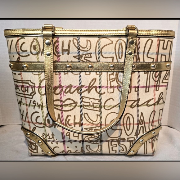 Coach | Bags | Coach Heritage Tattersall Graffiti Gold Tote Purse ...